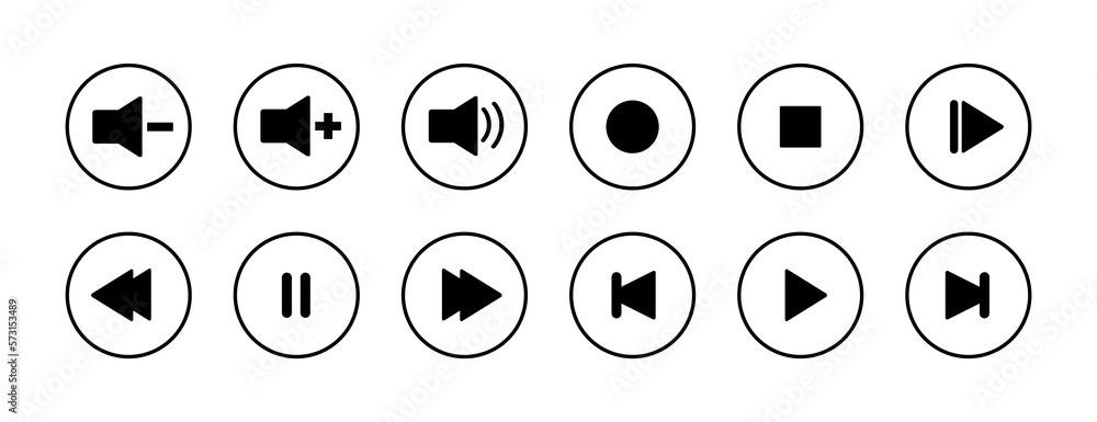 Video player icon set. Media player collection, simple black and white ...