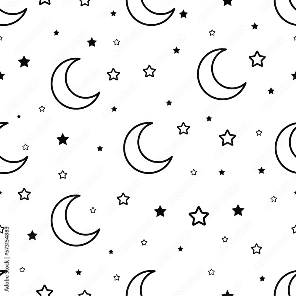 Vector Outline Seamless pattern with stars and moon. Vector background ...