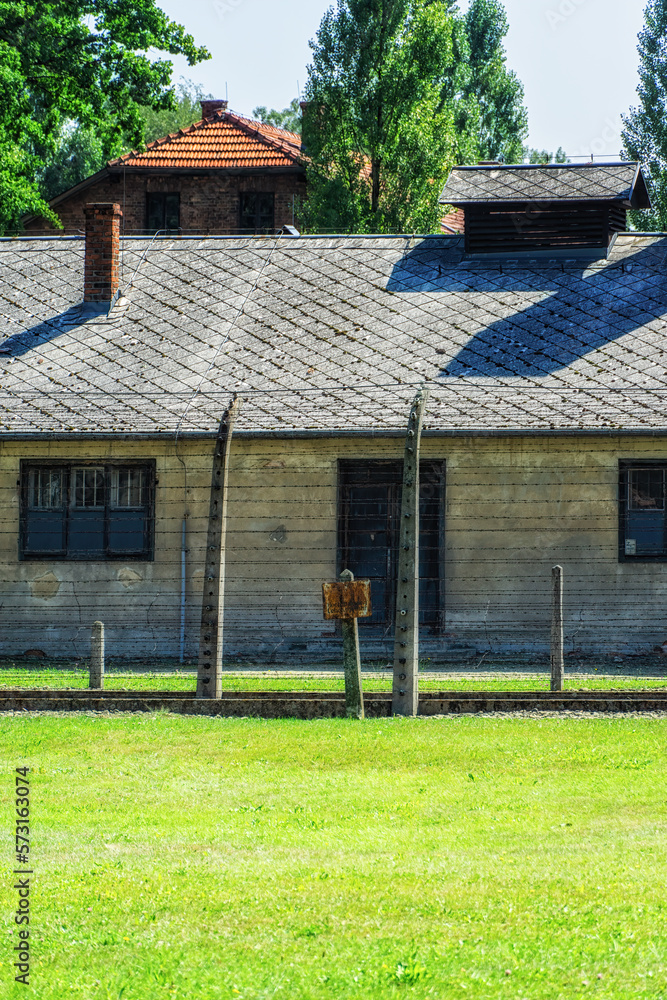 Barbed wire electrical fence at Auschwitz concentration camp in ...