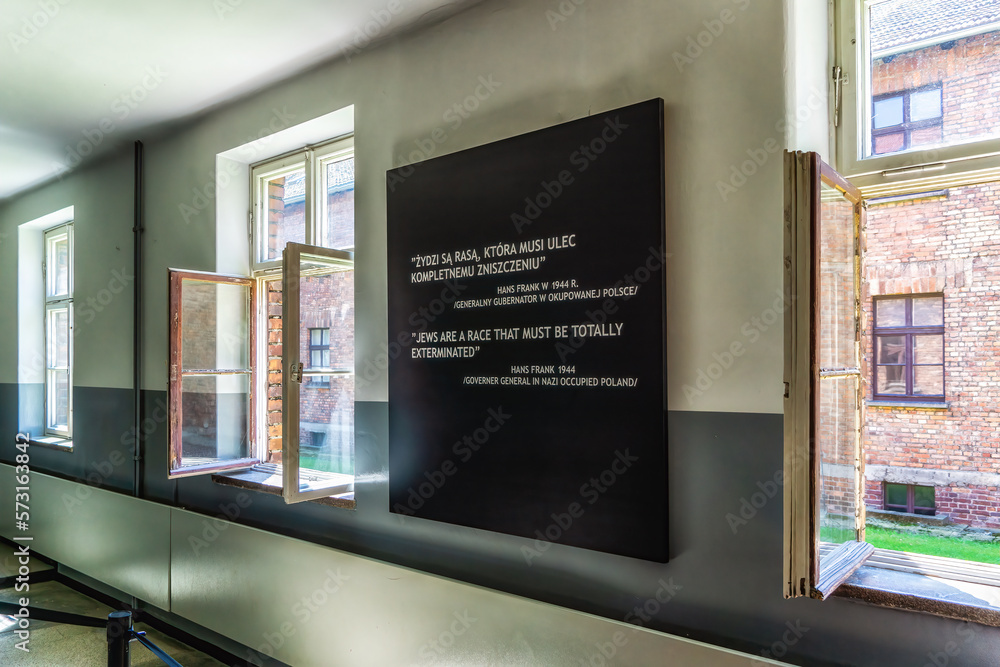 Exhibit inside the Auschwitz I Museum that shows a disturbing quote ...