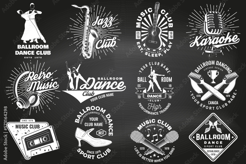 Ballroom dance sport club and retro music logos, badges design on ...