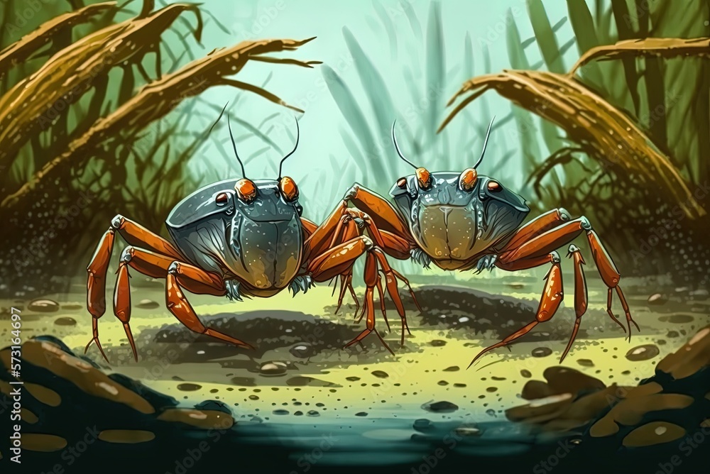 In the muck of a mangrove swamp, two female fiddler crabs (uca sp ...