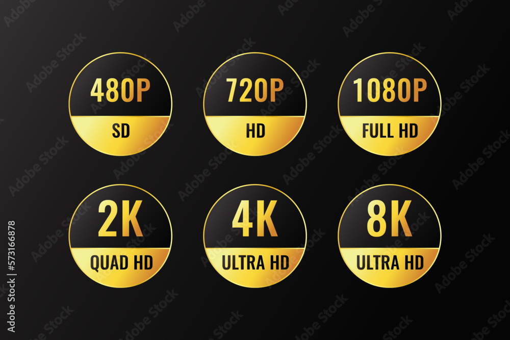 480p, 720p, 1080p, 2k, 4K, 8k Ultra HD logos with HDR mention, monitor ...