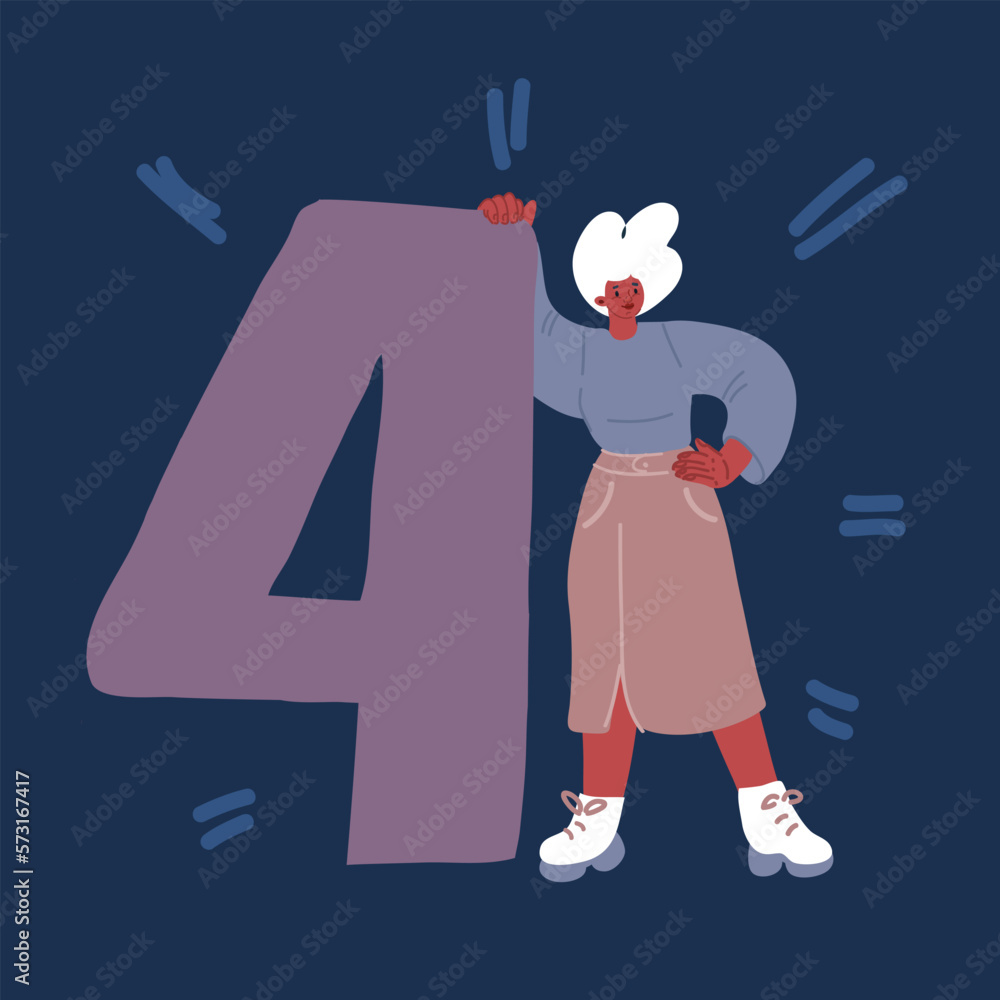 Cartoon vector illustration of Number four. The woman hold number four ...