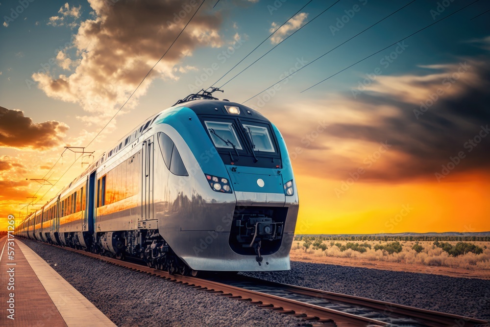 Front view of fast moving modern passenger train on railway platform at ...