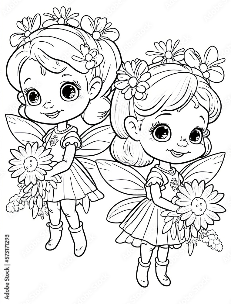 Cute animal, flower, fairies coloring page. Gnerative AI Stock ...