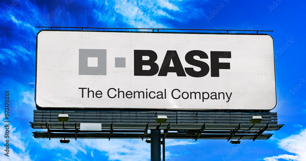 Advertisement billboard displaying logo of BASF Stock Photo | Adobe Stock