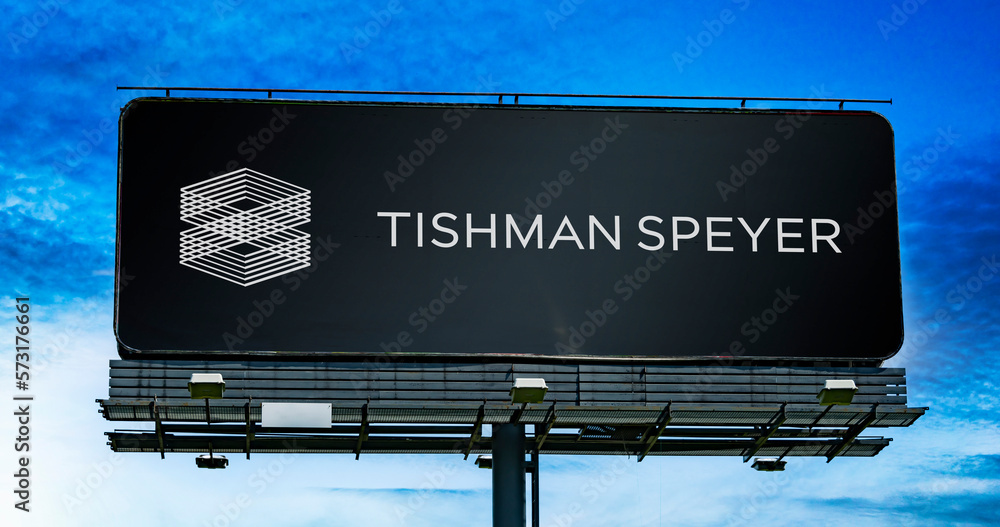 Billboard displaying logo of Tishman Speyer Properties Stock Photo ...