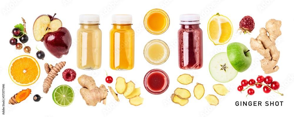 Ginger shot bottles and fresh fruits set. PNG isolated with transparent ...