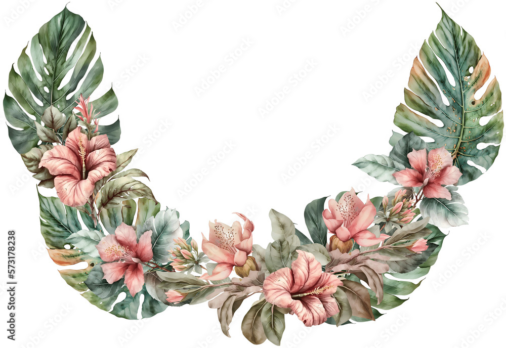 Watercolor floral wreath. Vintage PNG image of tropical leaves and ...