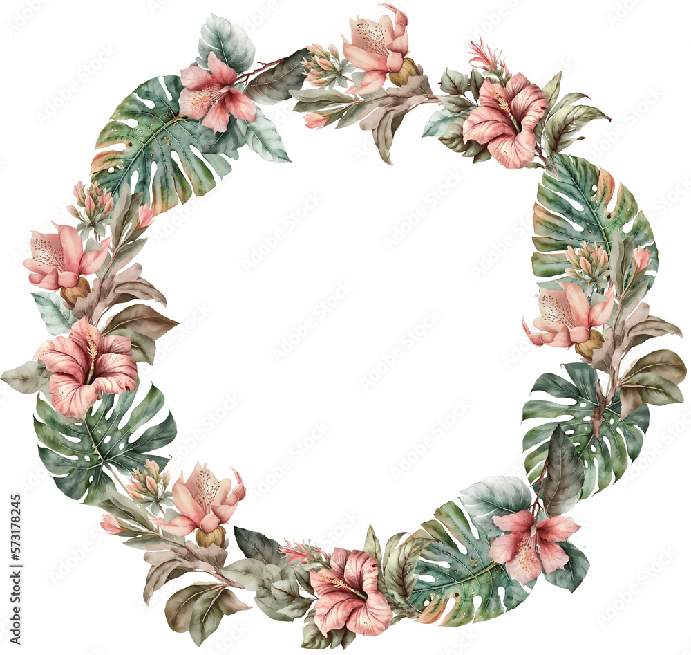 Watercolor floral wreath. Vintage PNG image of tropical leaves and ...