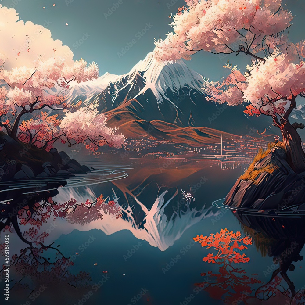 Spring landscape of the stream in the early morning. Japanese culture ...