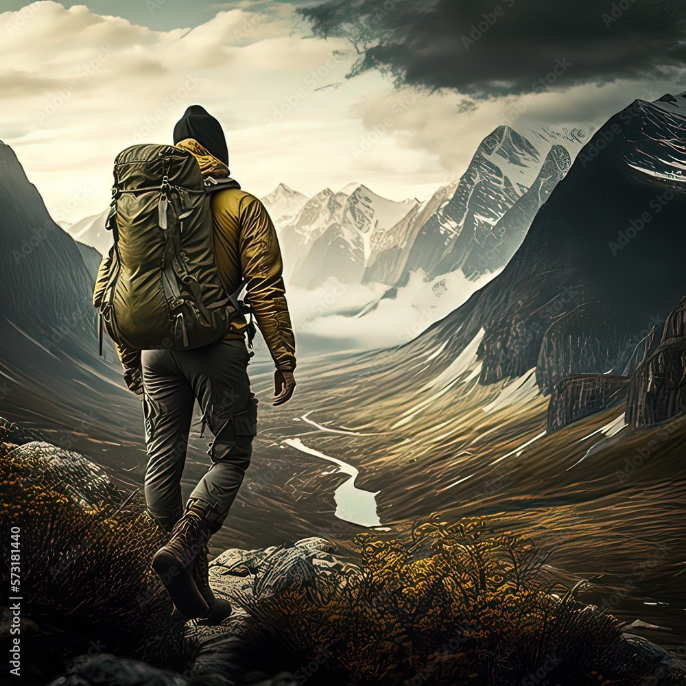 Hiking in the mountains. Wildlife, outdoor activities, tents, walking ...