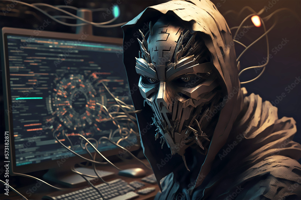 creepy mechanical figure hacks into a computer network generative ai ...