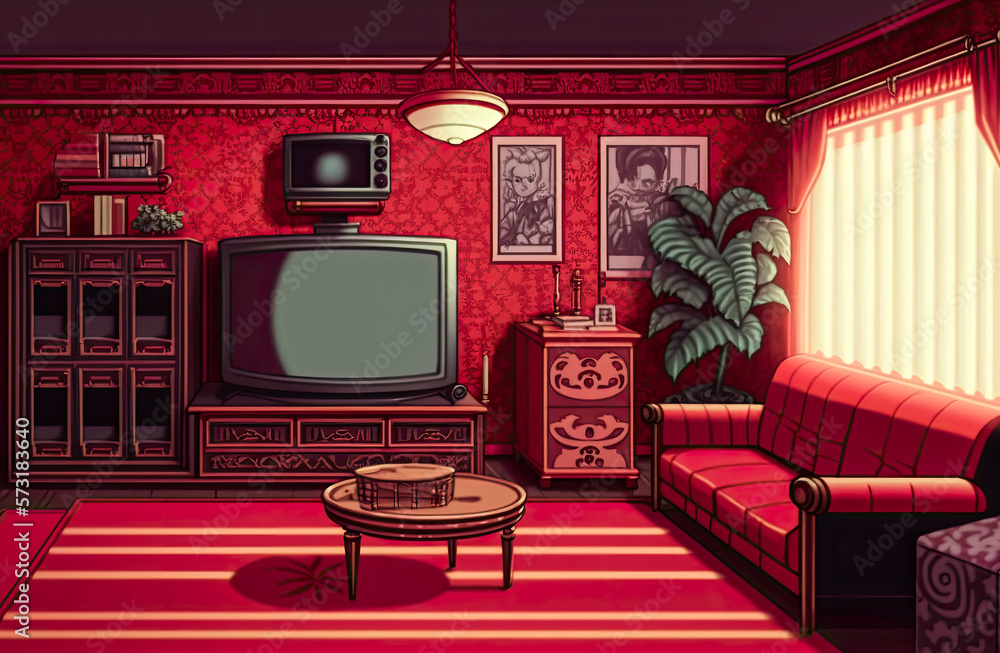 realistic LoFi cartoon anime living room scene with a TV set, bookshelf ...