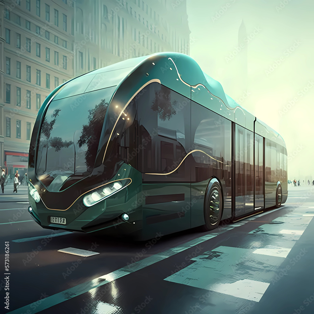 Futuristic urban mobility, ultramodern bus in the city. Coach AI ...