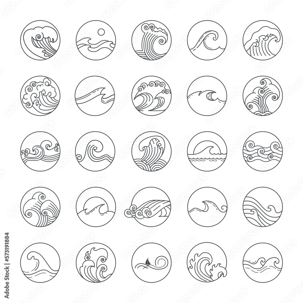 Round ocean emblems. Doodle marine waves. Minimal ripple details. Sea ...