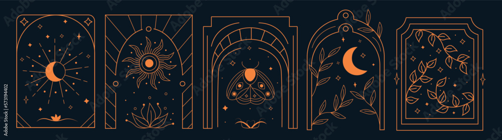 Esoteric flower arch, celestial frame. Magic mystic moth, boho floral ...