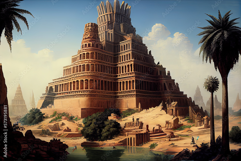 Ancient city of Babylon with the tower of Babel, bible and religion ...