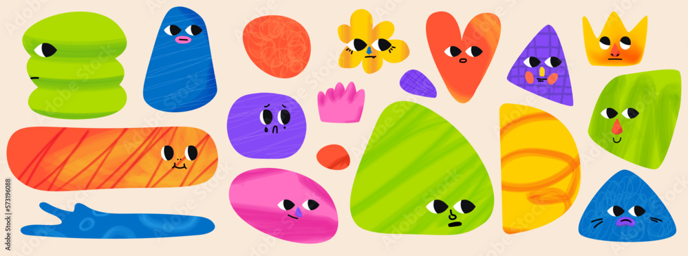 Trendy geometric shapes with faces. Soft gradients and textures ...