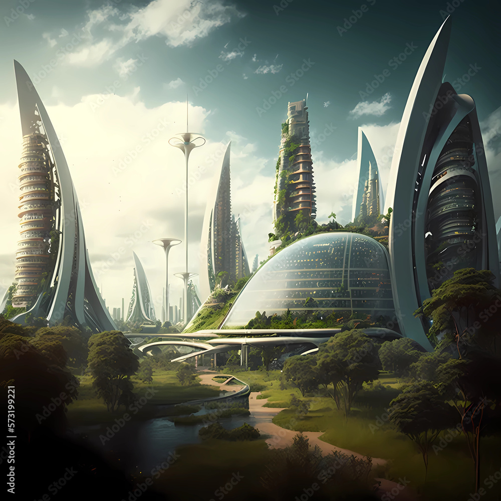 Futuristic ultra modern urban environment. City waterfront from the ...