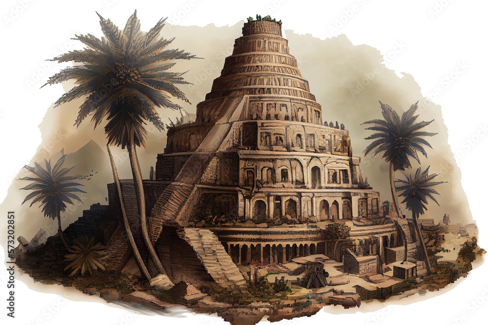 Ancient city of Babylon with the tower of Babel, bible and religion ...