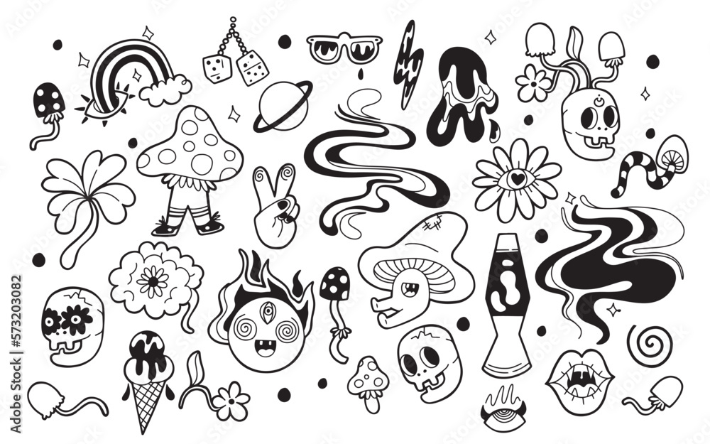 Big hand drawn set with psychedelic characters and objects in bold line ...