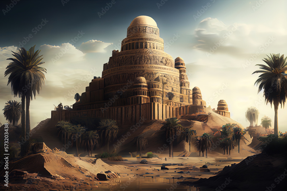 Ancient city of Babylon with the tower of Babel, bible and religion ...