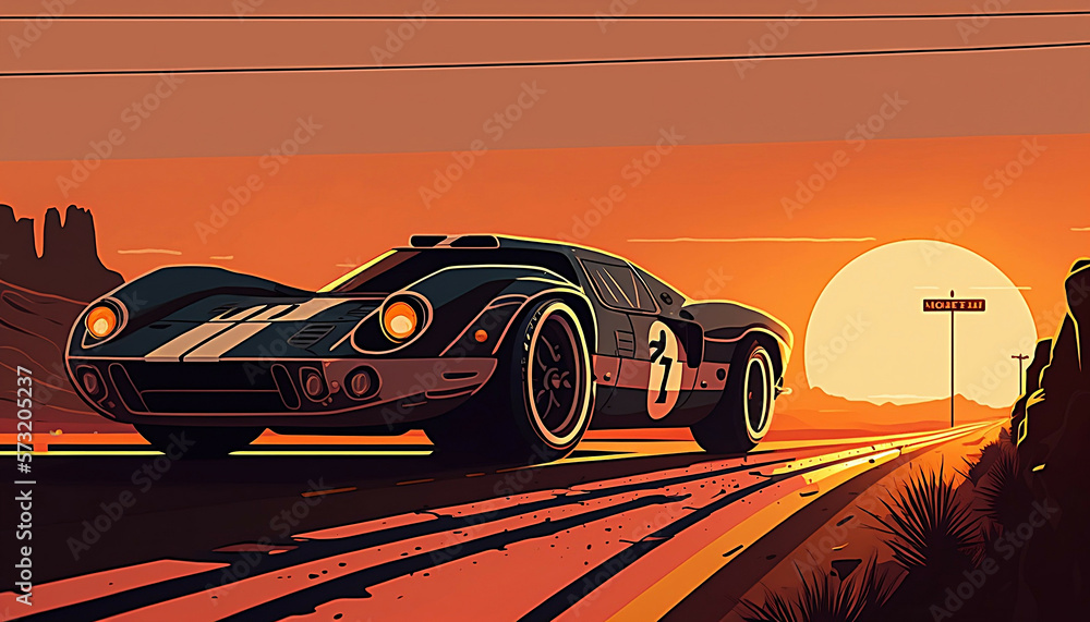 vintage retro style illustration of a retro sport super car on road at ...