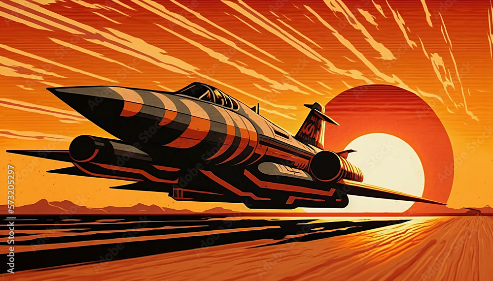 vintage retro style illustration of a jet interceptor plane in sunset ...