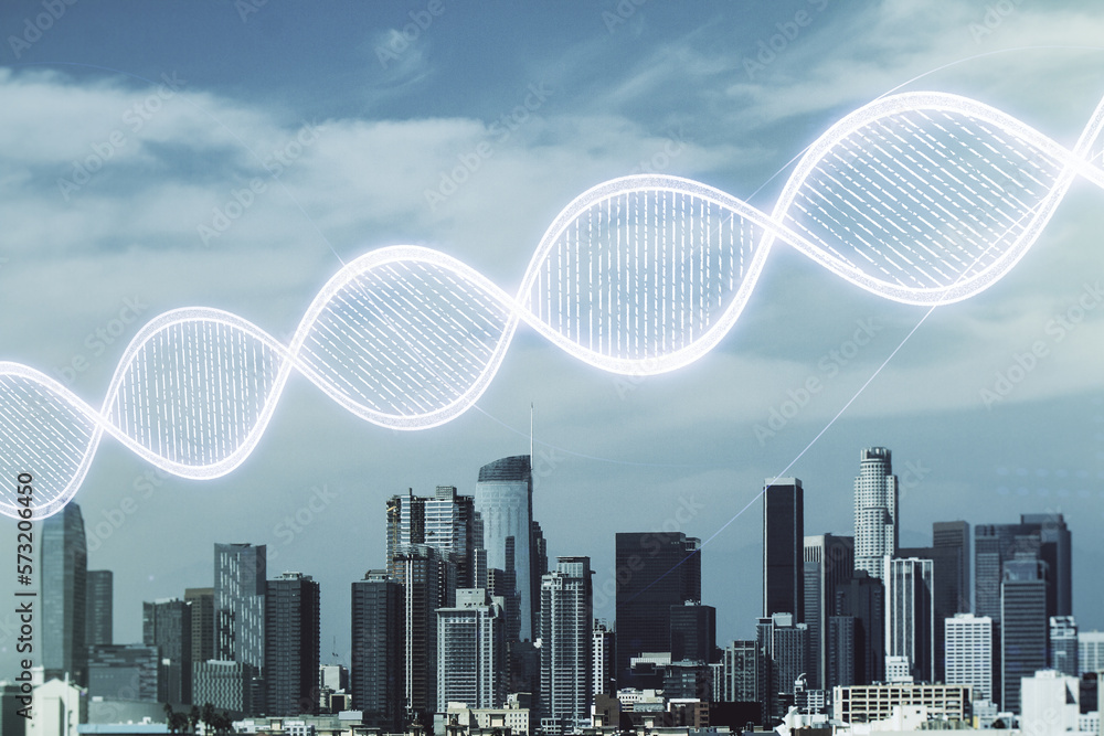 Virtual DNA symbol illustration on Los Angeles skyline background ...