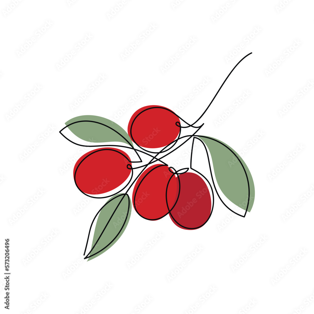 Red berries brunch vector one line continuous drawing illustration ...
