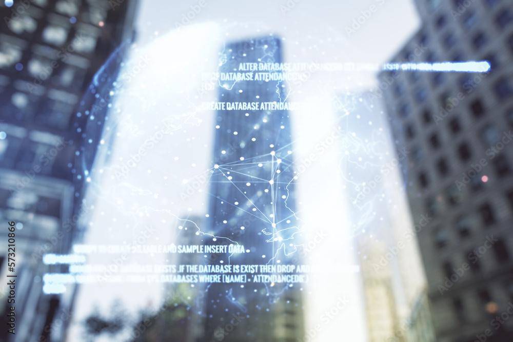 Double exposure of abstract programming language hologram and world map ...