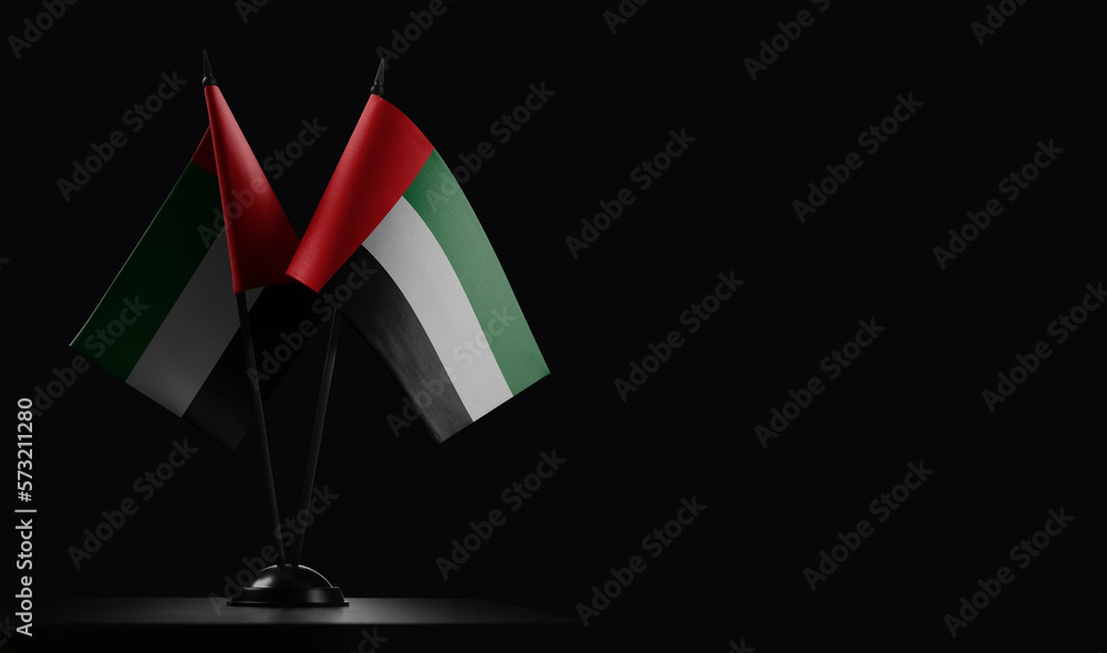 Small national flags of the Arab Emirates on a black background Stock ...