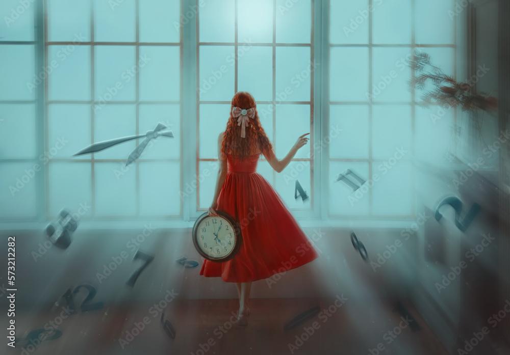 Concept woman and time is fleeting. Fantasy girl princess holds clock ...