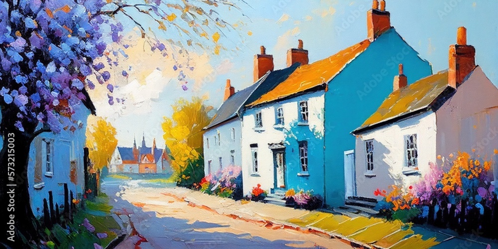English village in spring. Oil painting. Generative AI art. Stock ...