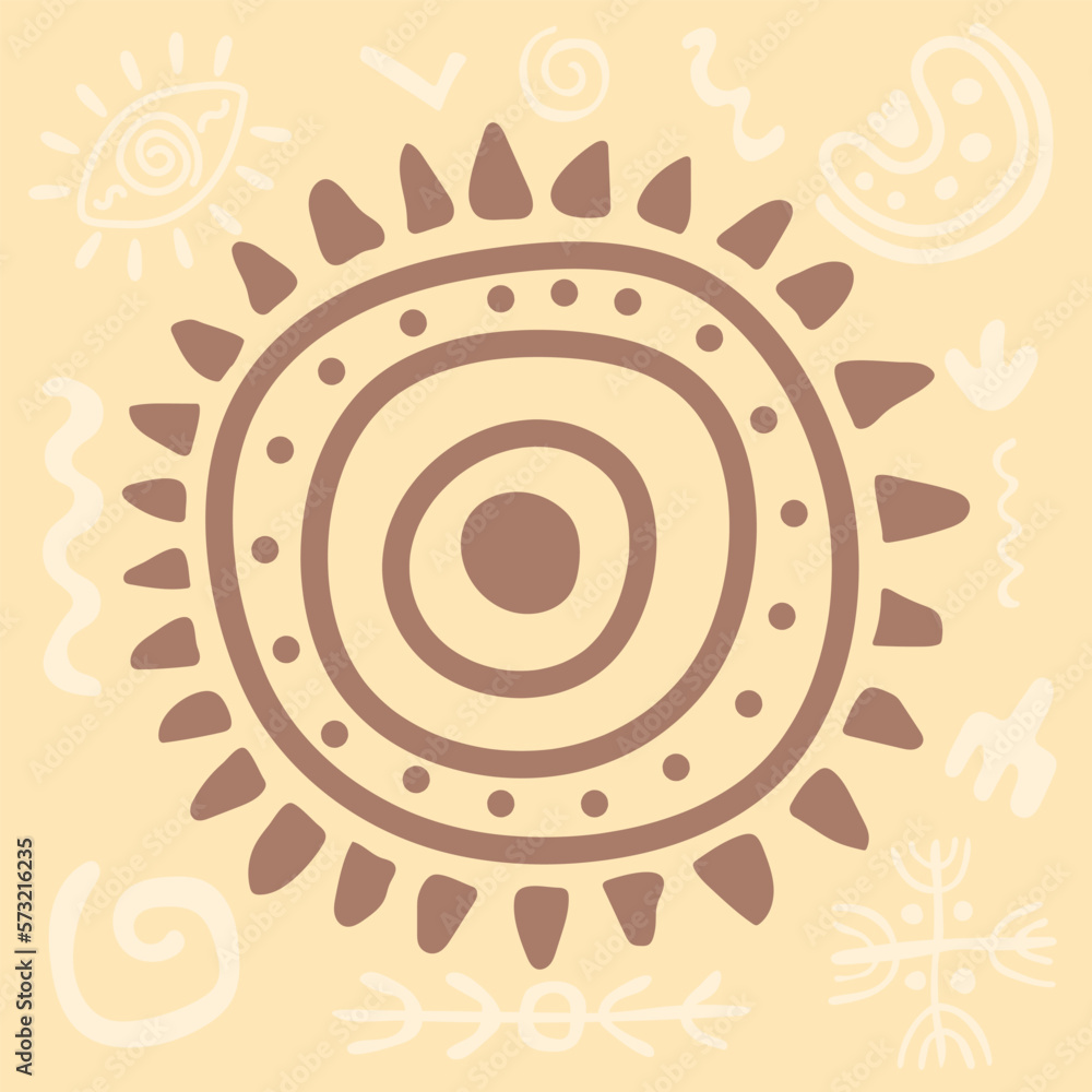 Primitive ethnic ornament, petroglyph. Sign, symbol sun. Ancient ...