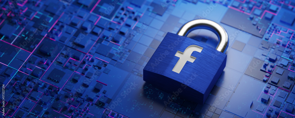 Facebook profile protection concept. Padlock with facebook logo on tech ...