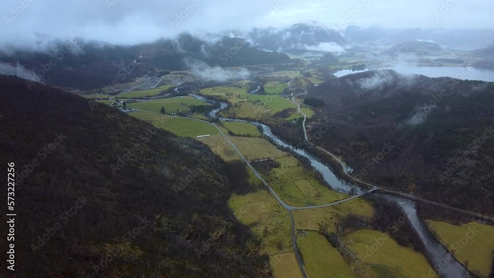 Aerial panoramic drone view of a beautiful valley in the Norwegian ...