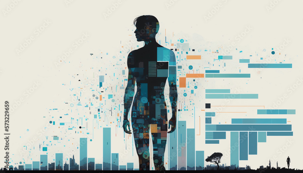 A collage of charts and graphs with a human silhouette standing in the ...