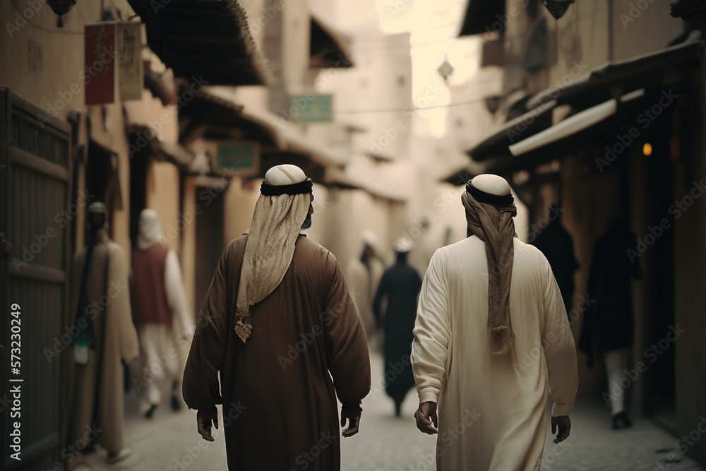 Traditional arabs walking through Dubai old town, heritage city, Dubai ...