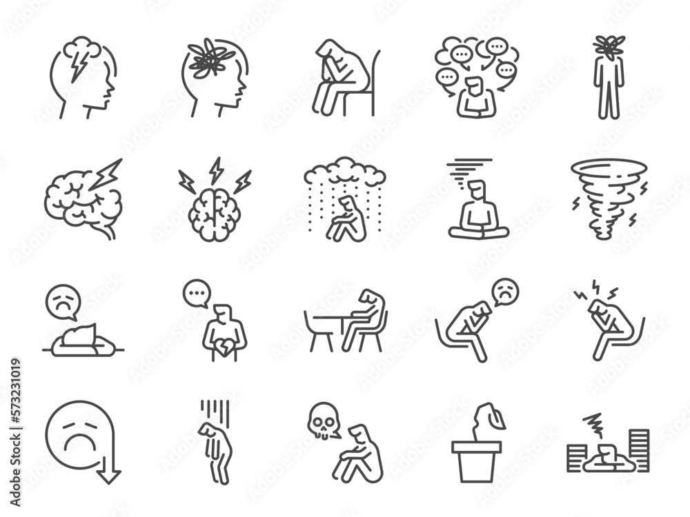 Depression icon set. Included the icons as serious, stressed, stress ...