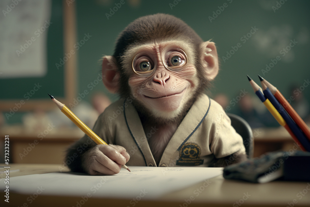 Cute monkey at a school lesson at a desk, education and school concept ...