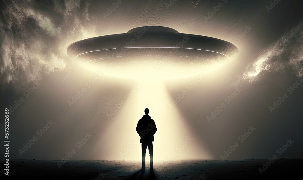 Silhouette of man in front of aliens spaceship. Postproducted ...
