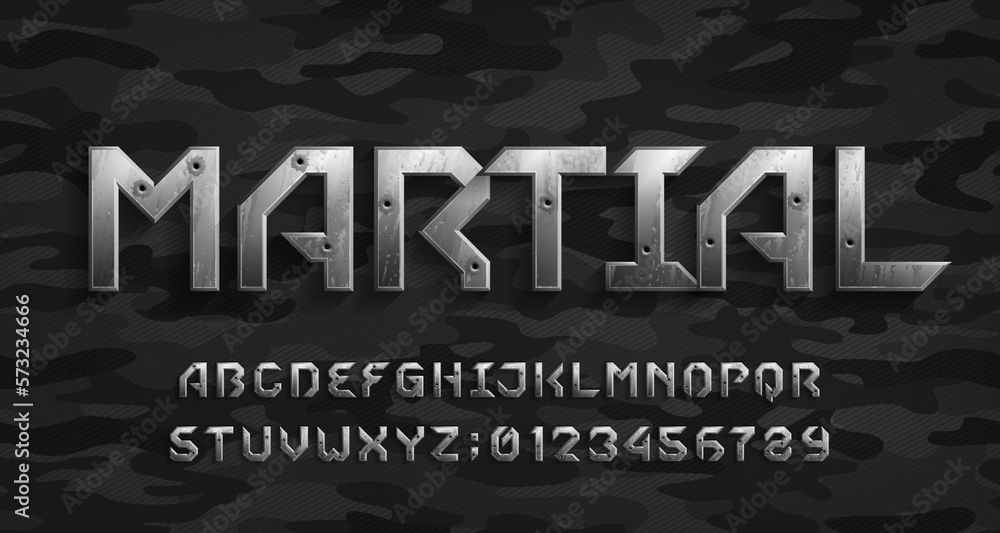 Martial alphabet font. Metal letters and numbers with bullet marks ...