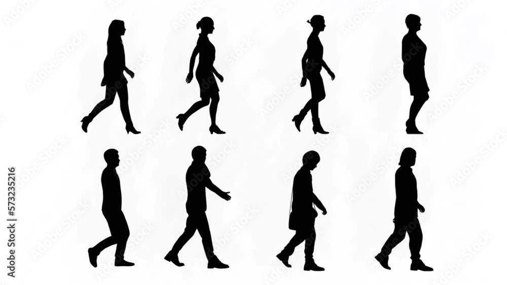 Black Body Shape Graphic,Side View People Walking on White Background ...