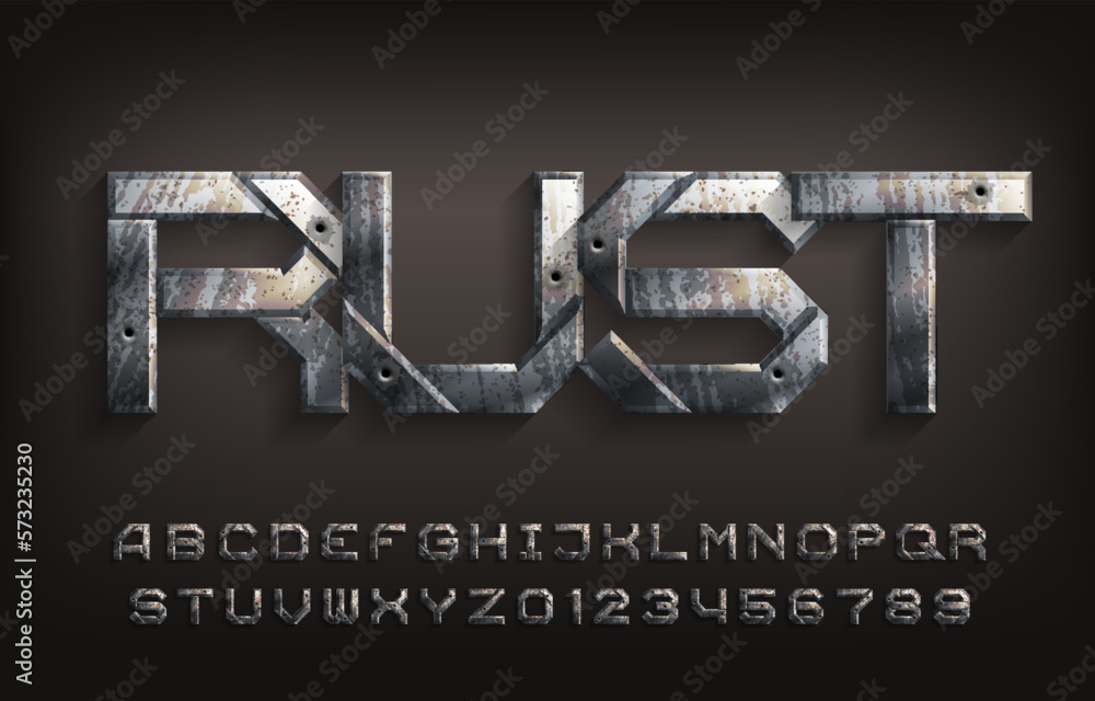 Rust alphabet font. Messy metal letters and numbers with bullet marks ...