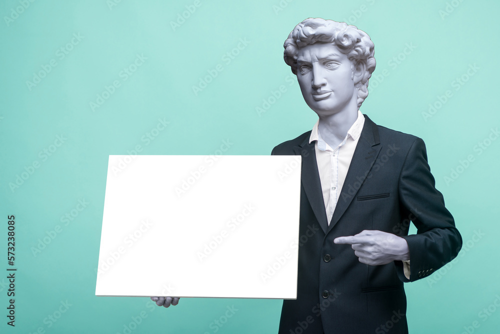 Abstract modern collage. The man with the plaster head of David points ...