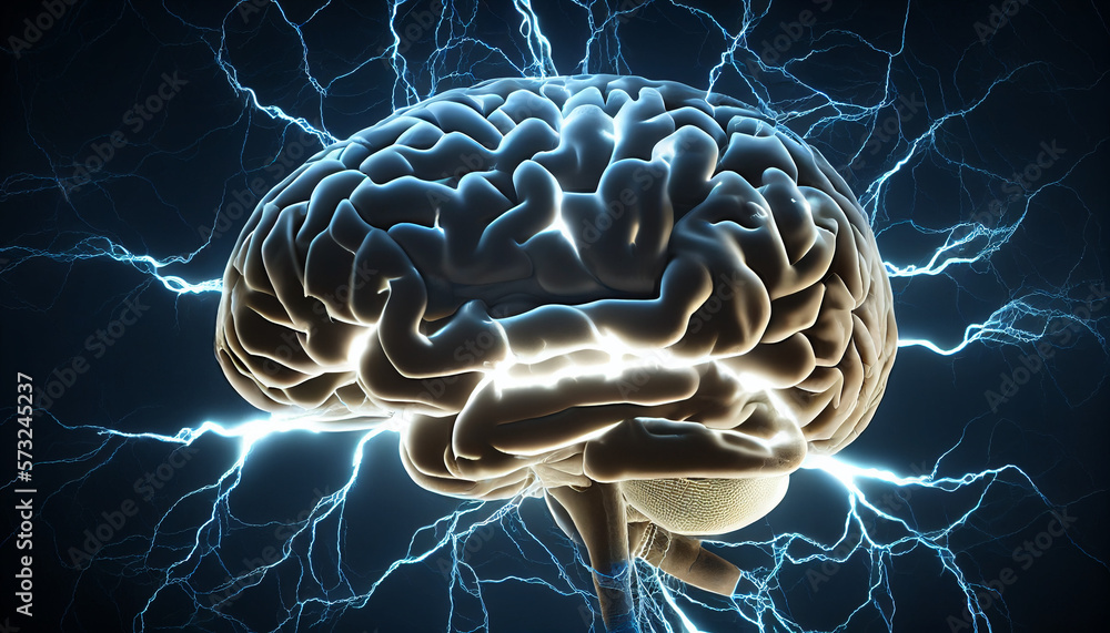 Digital illustration of human brain. Electrical activity, flashes and ...