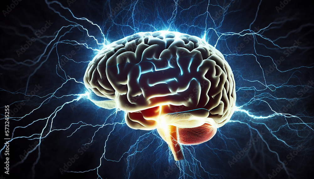 Digital illustration of human brain. Electrical activity, flashes and ...